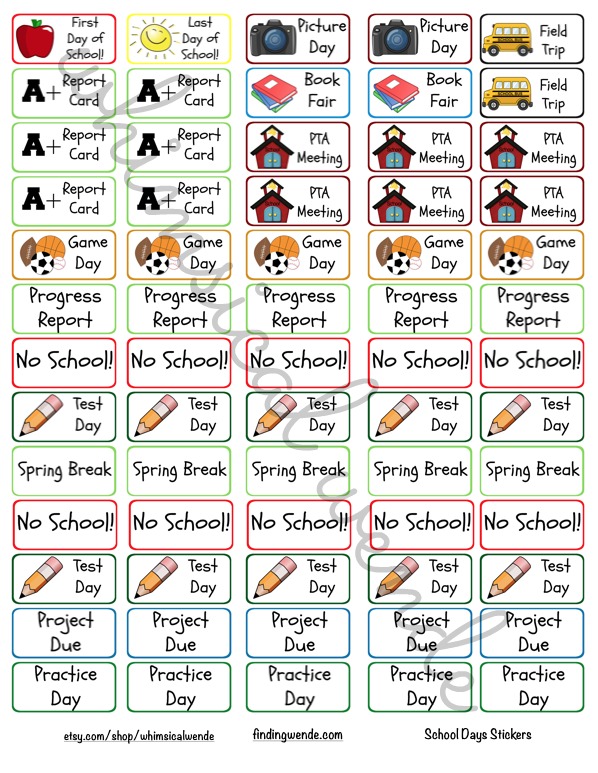 Printable Planner Stickers Kit School Days - Instant Digital Download ...
