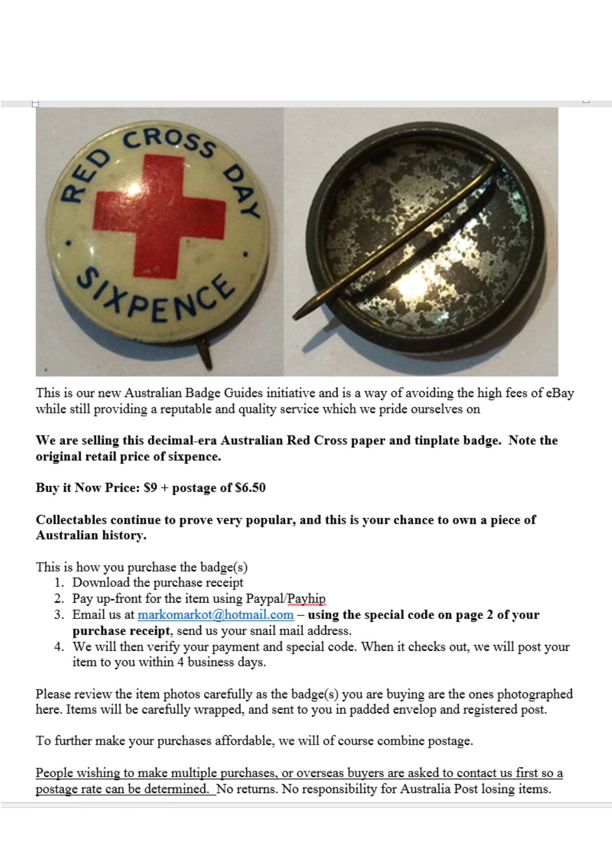 Decimal-era Australian Red Cross paper and tinplate badge - Payhip